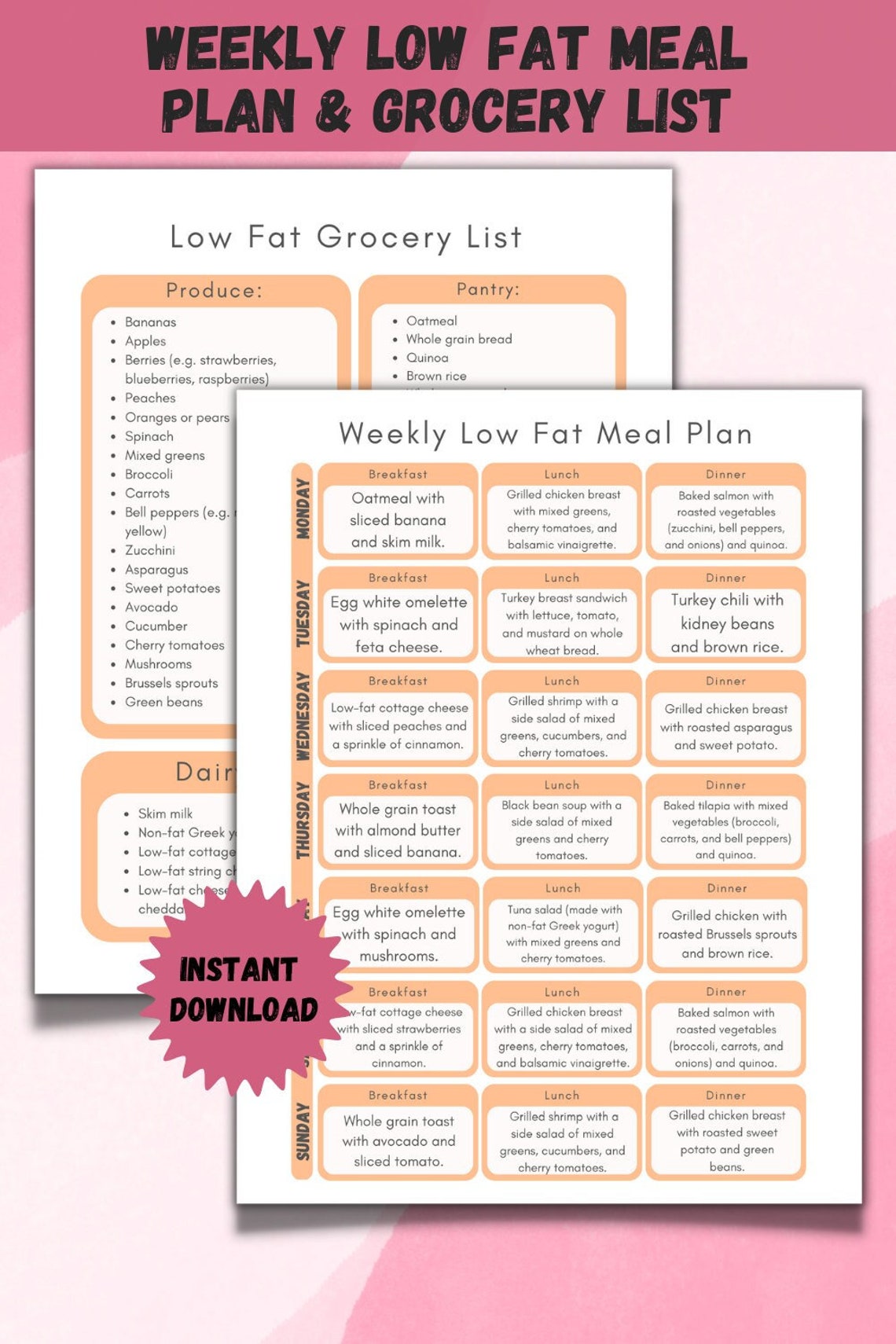 Weekly Low Fat Meal Plan & Grocery List Printable, Shopping List ...