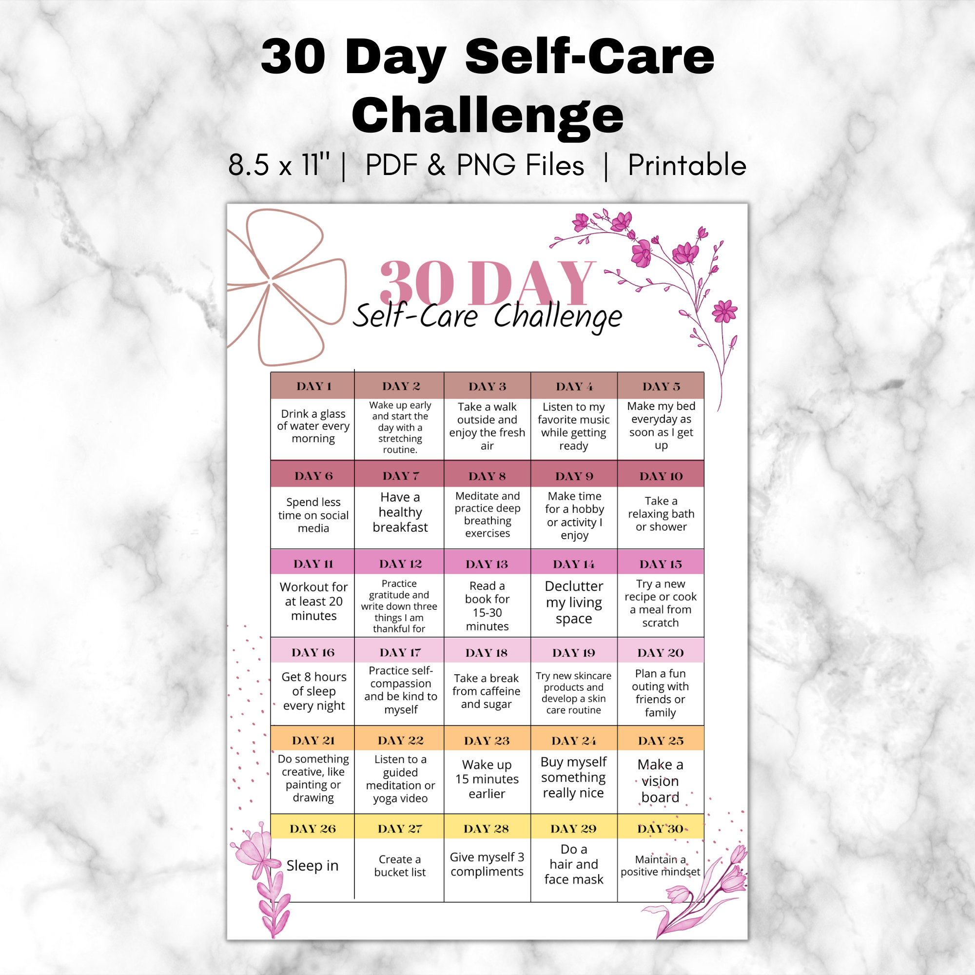 30 Day Self-care Challenge, 1 Page Glow up Challenge Printable, Self ...