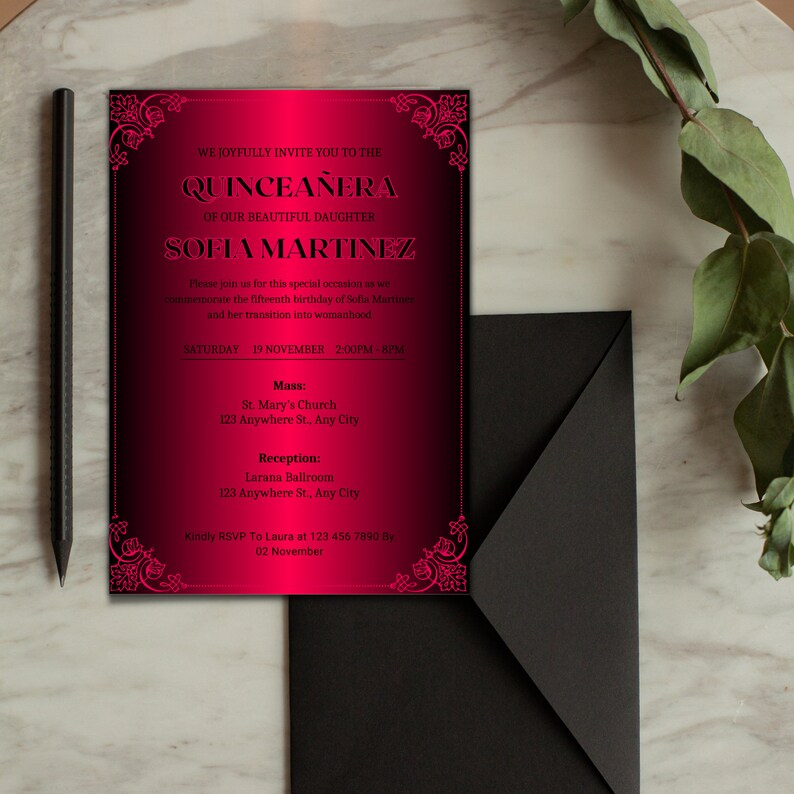 Editable Black and Pink Quinceanera Invitation Canva Template, Digital ...