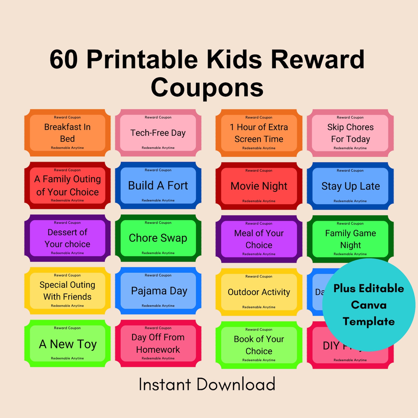 60 Printable Kids Reward Coupons, Kids Coupons, Gift for Children ...