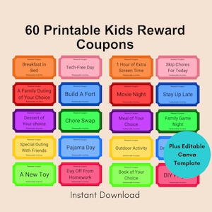 60 Printable Kids Reward Coupons, Kids Coupons, Gift for Children ...