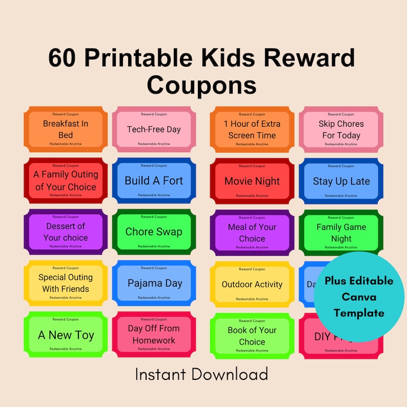 60 Printable Kids Reward Coupons, Kids Coupons, Gift for Children ...