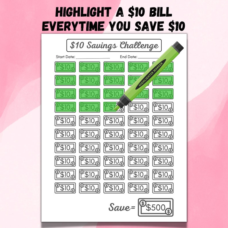 10 Dollar Savings Challenge Printable, Mini Savings Tracker, 50 Day ...