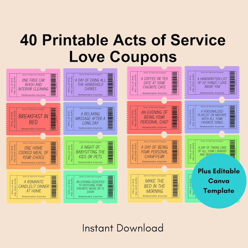 40 Printable Acts of Service Love Coupons, Couple Coupons, Valentines ...