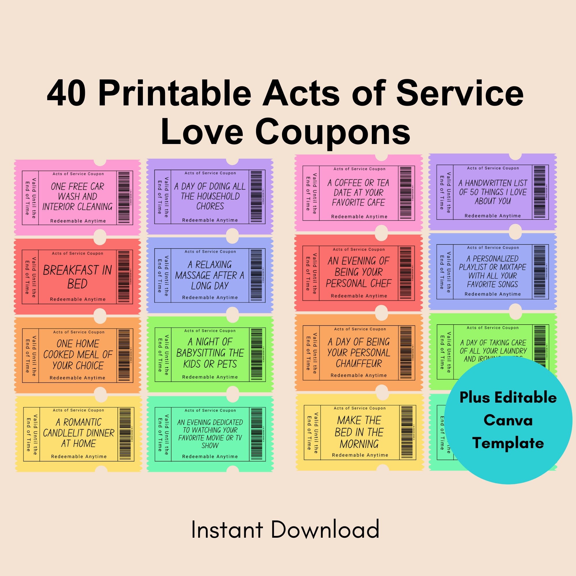 40 Printable Acts of Service Love Coupons, Couple Coupons, Valentines ...