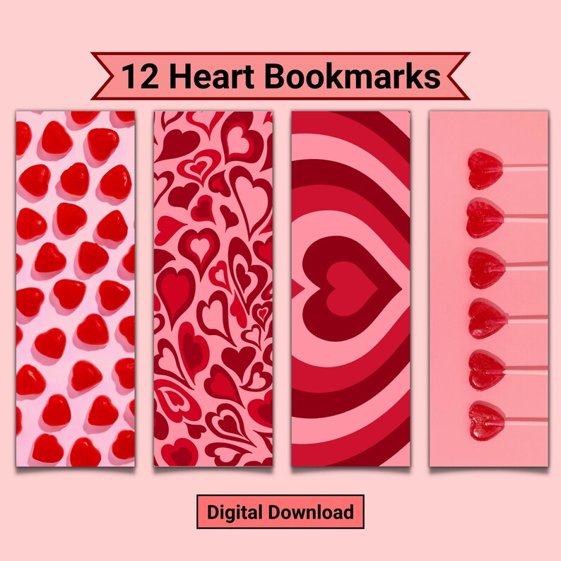 Printable Hearts Bookmark Set, Cute Bookish Bookmarks, Gift for Book ...