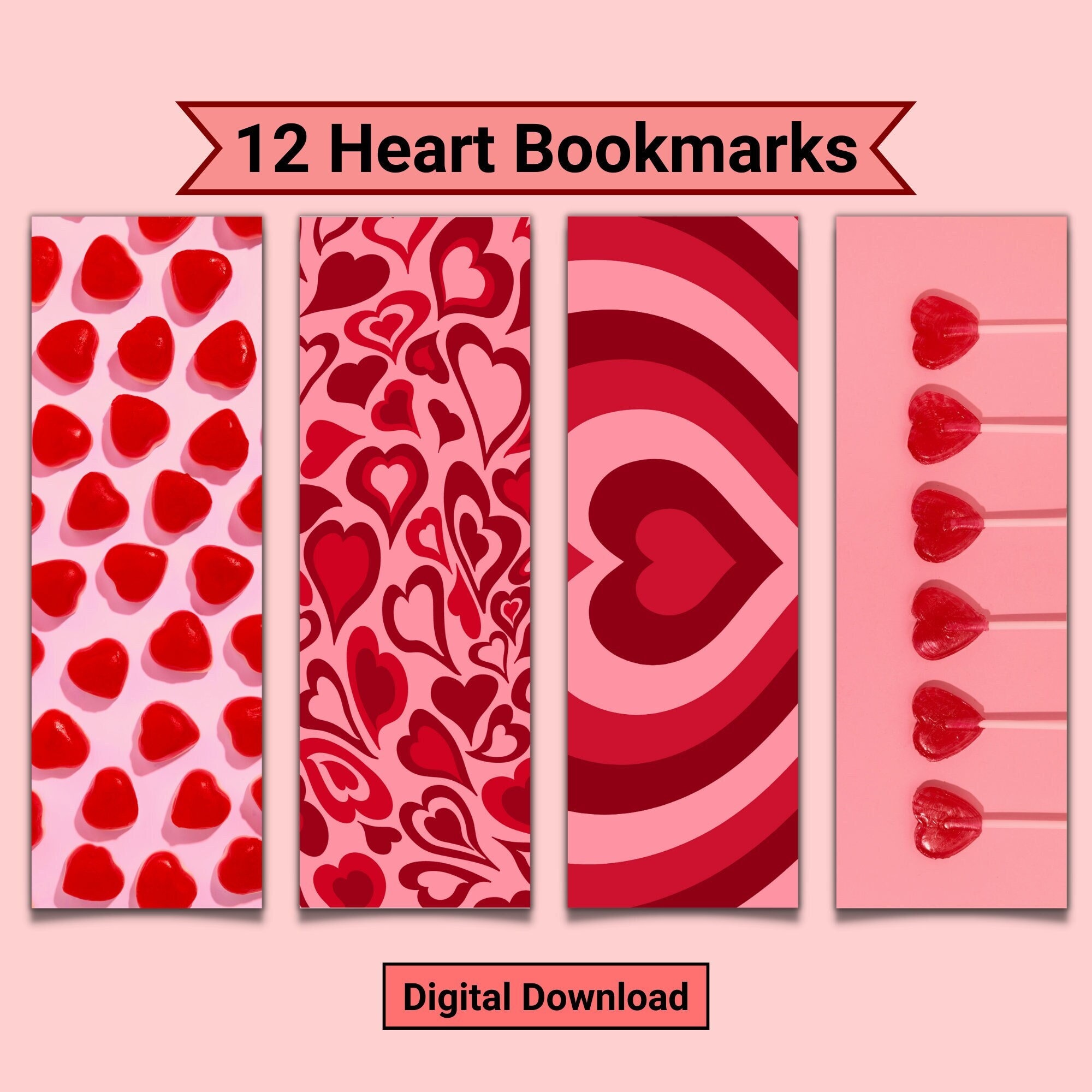 Printable Hearts Bookmark Set, Cute Bookish Bookmarks, Gift for Book Lover, Romance Reader ...