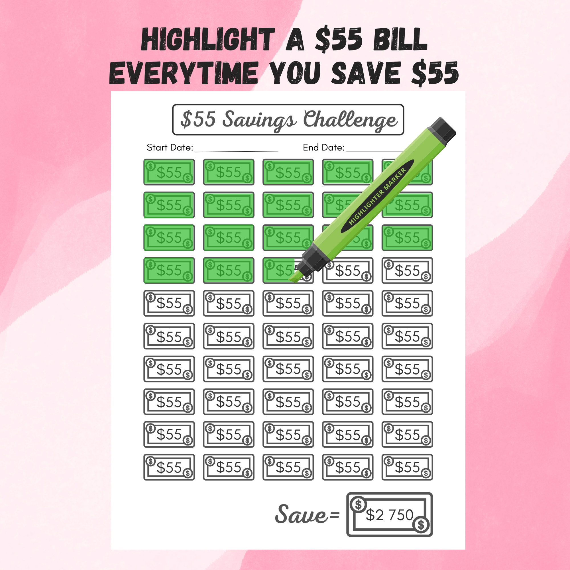 55 Dollar Savings Challenge Printable, Mini Savings Tracker, 50 Day ...