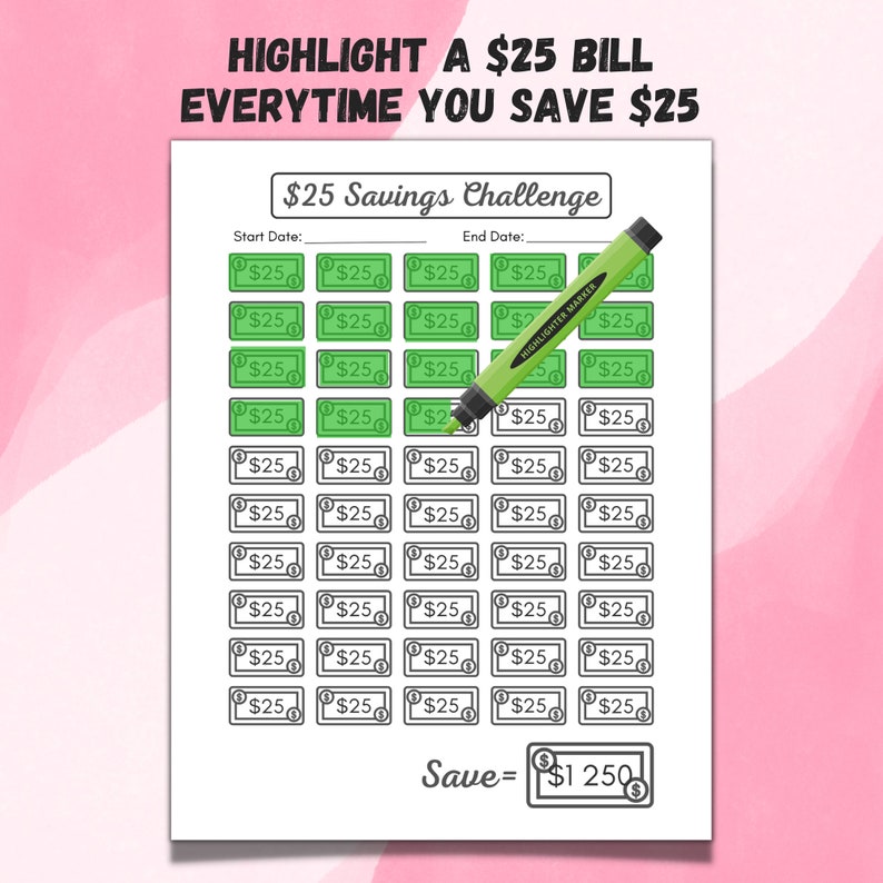 Savings Challenge Printable 25 Dollars, Mini Savings Tracker, 50 Day ...