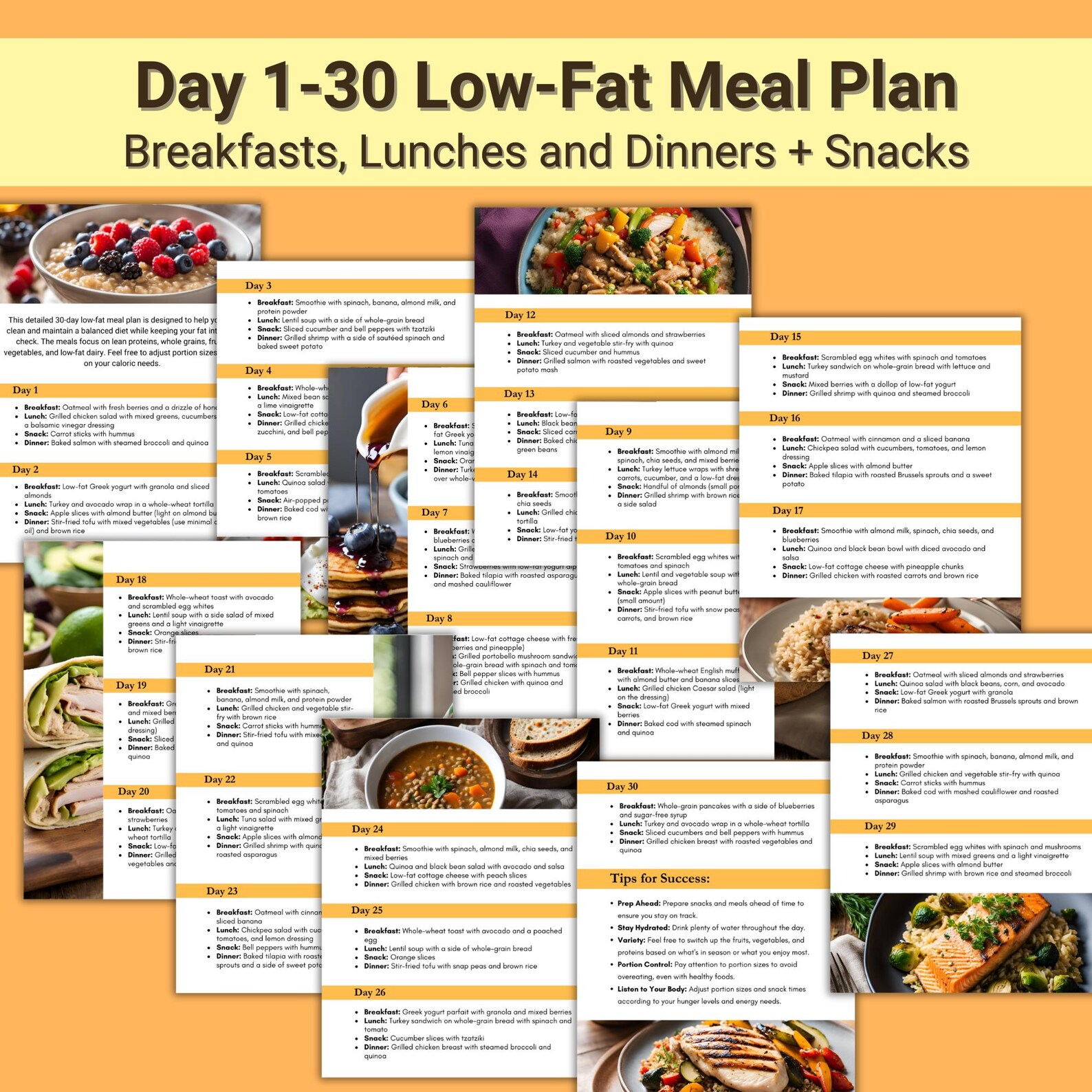 Printable 30-day Low-fat Meal Plan & Grocery List, Digital Healthy Meal ...