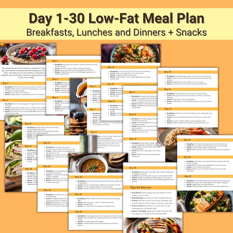 Printable 30-day Low-fat Meal Plan & Grocery List, Digital Healthy Meal ...