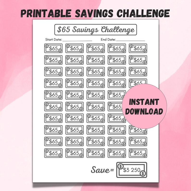 65 Dollar Savings Challenge Printable, Mini Savings Tracker, 50 Day ...