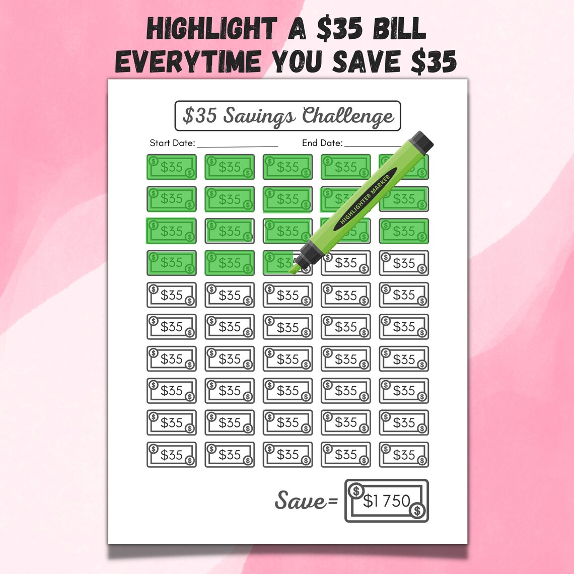 Savings Challenge Printable 35 Dollars, Mini Savings Tracker, 50 Day ...