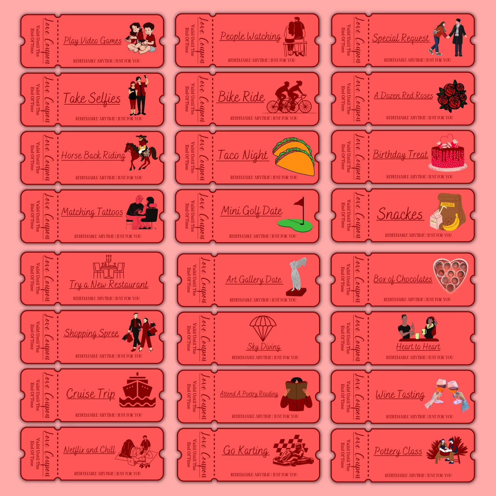 100 Printable Love Coupons for Him and Her, Couple Coupons, Valentines ...