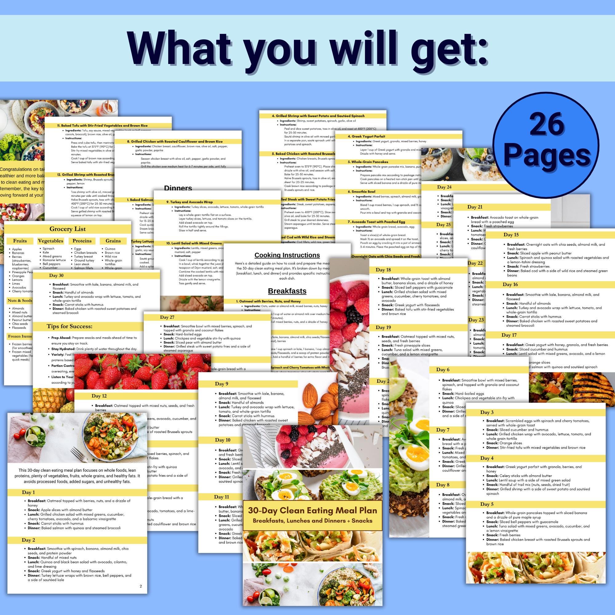 Printable 30 Day Clean Eating Meal Plan & Grocery List, Healthy ...