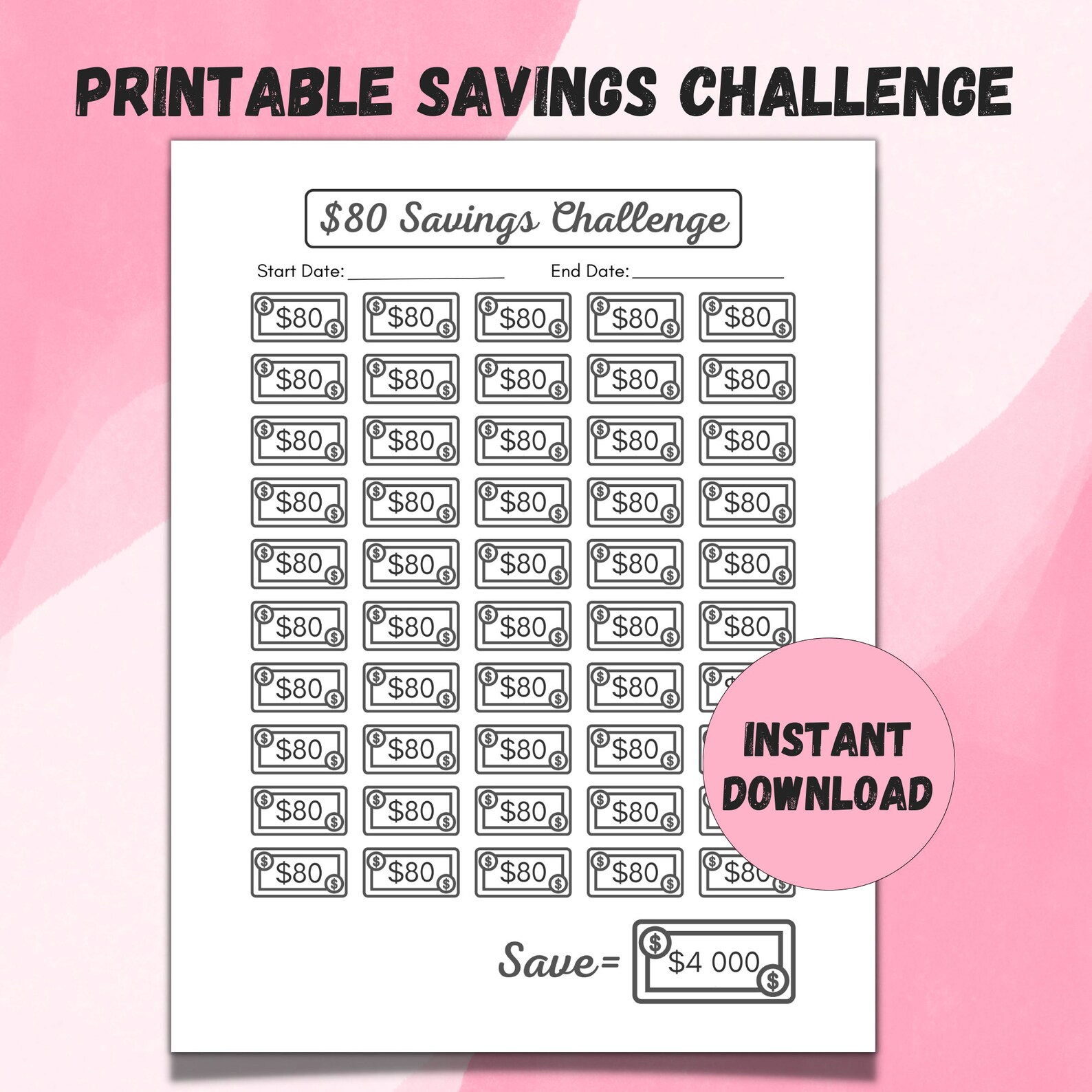 80 Dollar Savings Challenge Printable, Mini Savings Tracker, 50 Day ...