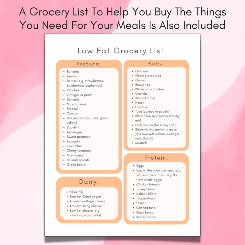 Weekly Low Fat Meal Plan & Grocery List Printable, Shopping List ...