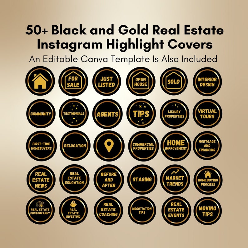 Real Estate Instagram Highlight Covers, Black and Gold Highlight Icons ...
