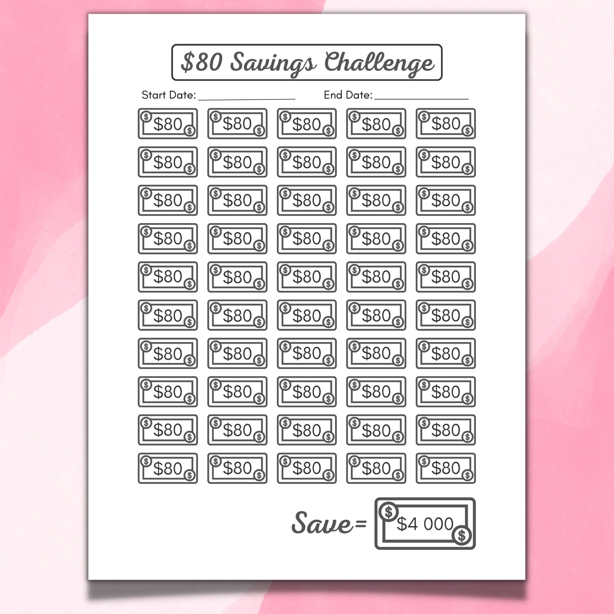 80 Dollar Savings Challenge Printable, Mini Savings Tracker, 50 Day ...