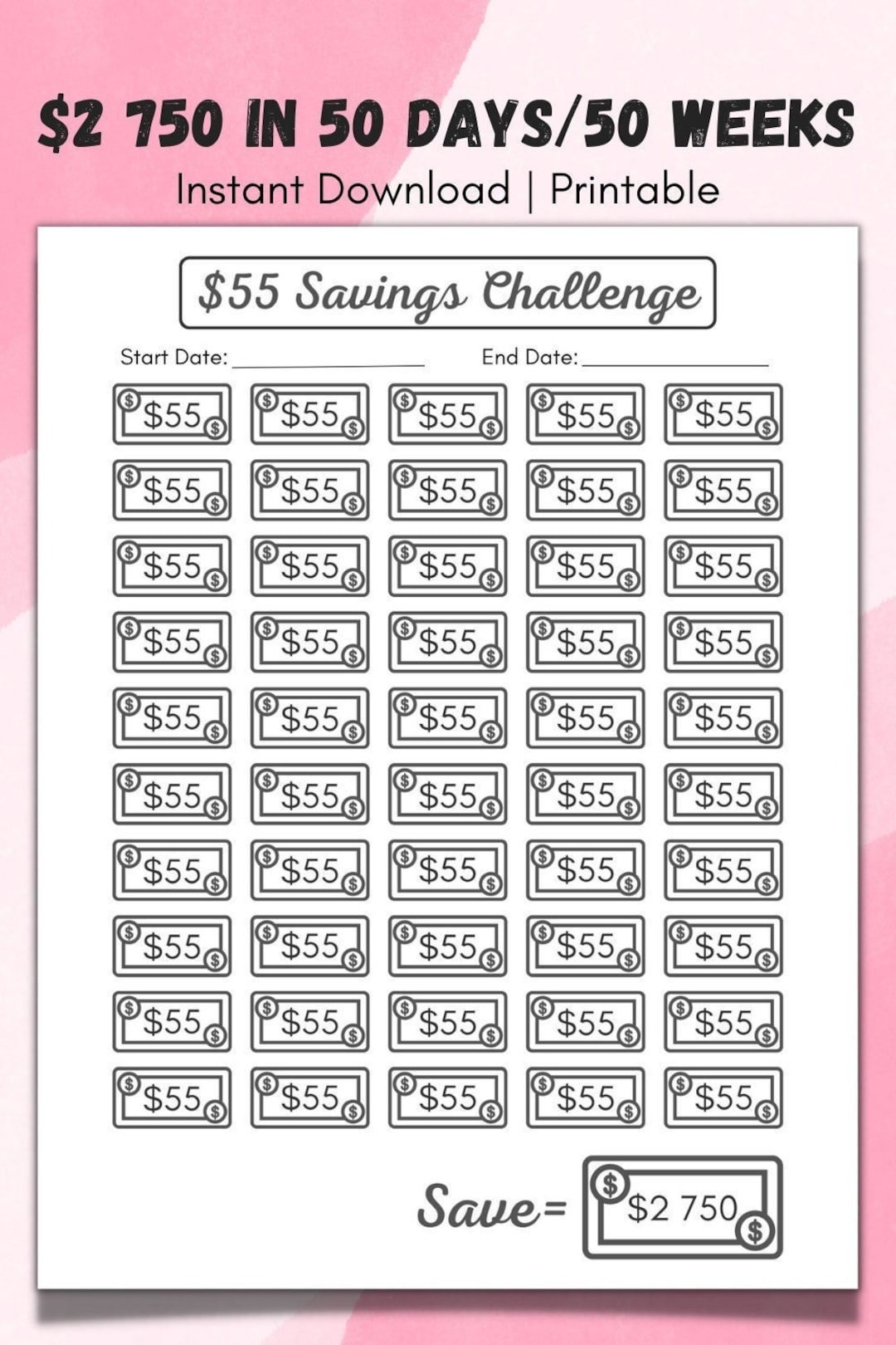 55 Dollar Savings Challenge Printable, Mini Savings Tracker, 50 Day ...
