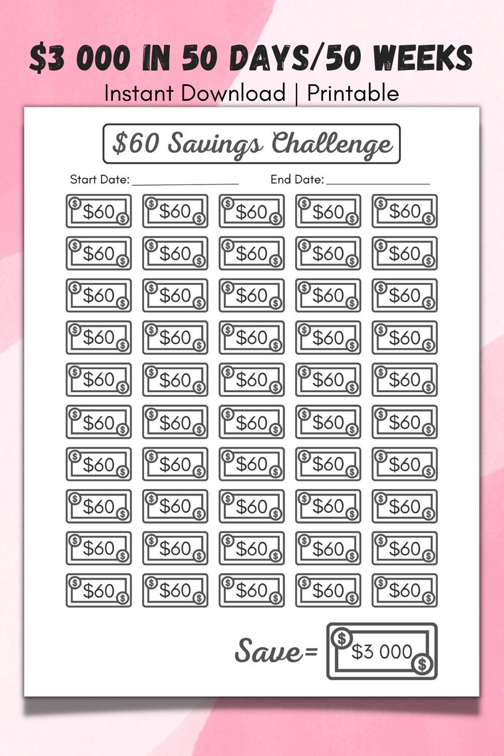 60 Dollar Savings Challenge Printable, Mini Savings Tracker, 50 Day ...