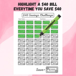 40 Dollar Savings Challenge Printable, Mini Savings Tracker, 50 Day ...