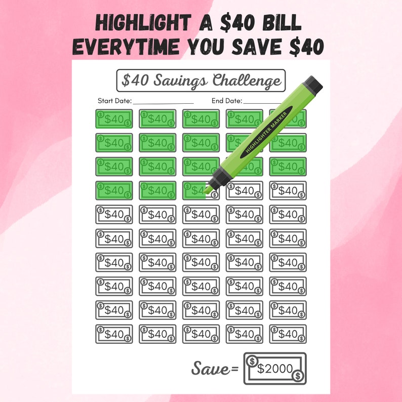 40 Dollar Savings Challenge Printable, Mini Savings Tracker, 50 Day ...