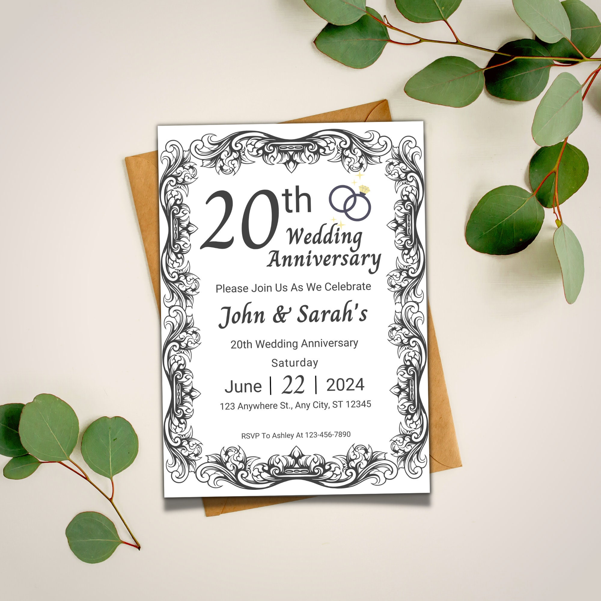 20th Wedding Anniversary Invitation Canva Template, Printable Vow ...