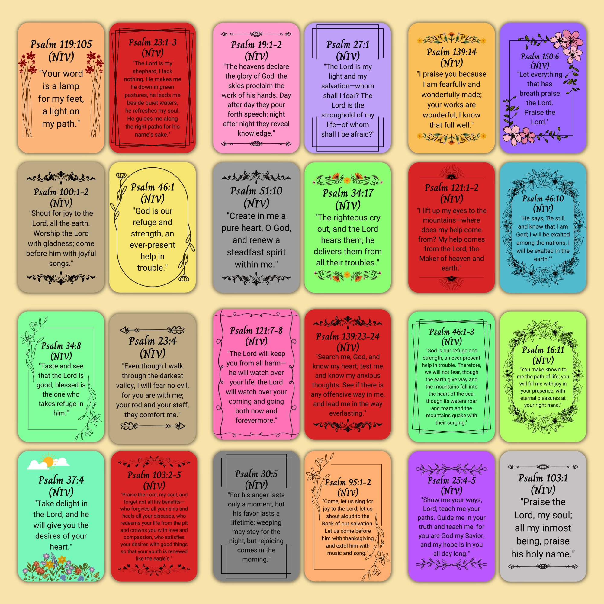 50 Printable Psalms Bible Verse Cards, Bible Study Tools, Memory Verse ...