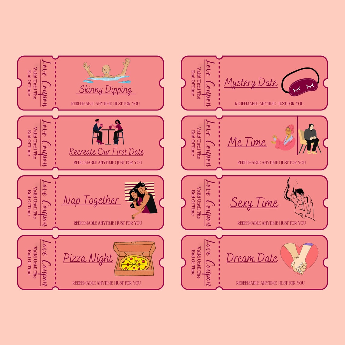 100 Printable Love Coupons for Him and Her, Couple Coupons, Valentines ...