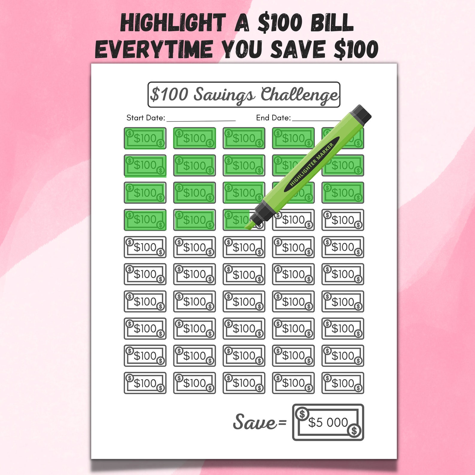Savings Challenge Printable 100 Dollars, Mini Savings Tracker, 50 Day ...