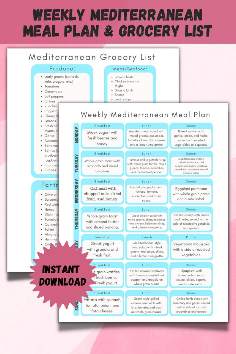 Weekly Mediterranean Meal Plan & Grocery List Printable, Shopping List ...