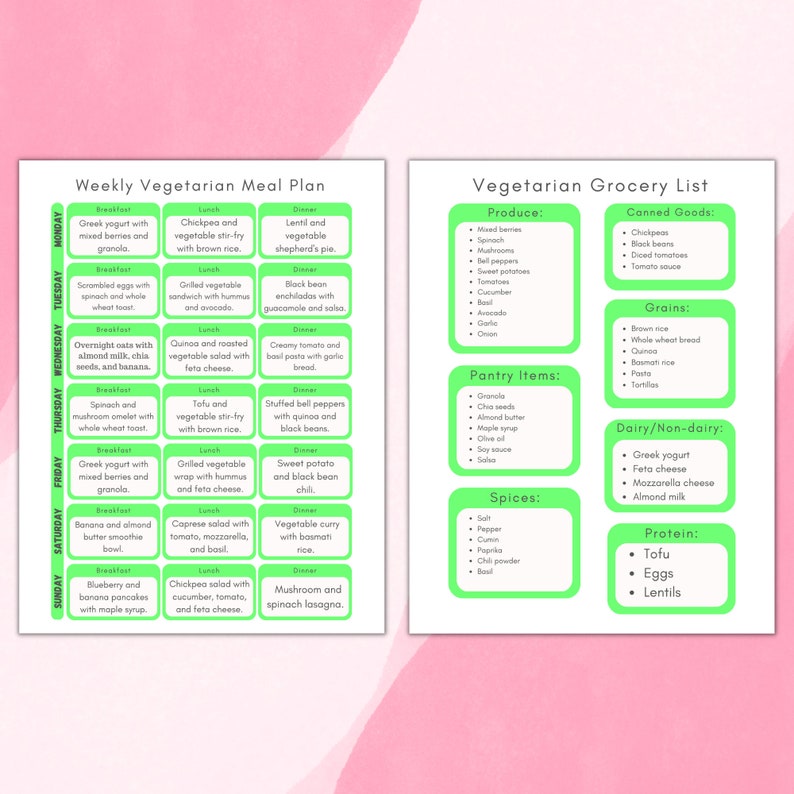Weekly Vegetarian Meal Plan & Grocery List Printable, Shopping List ...