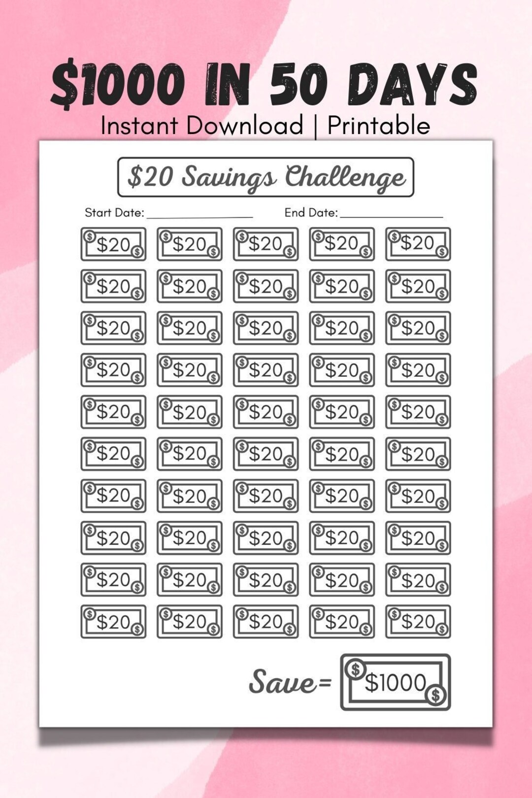 20 Dollar Savings Challenge Printable, Mini Savings Tracker, 50 Day ...