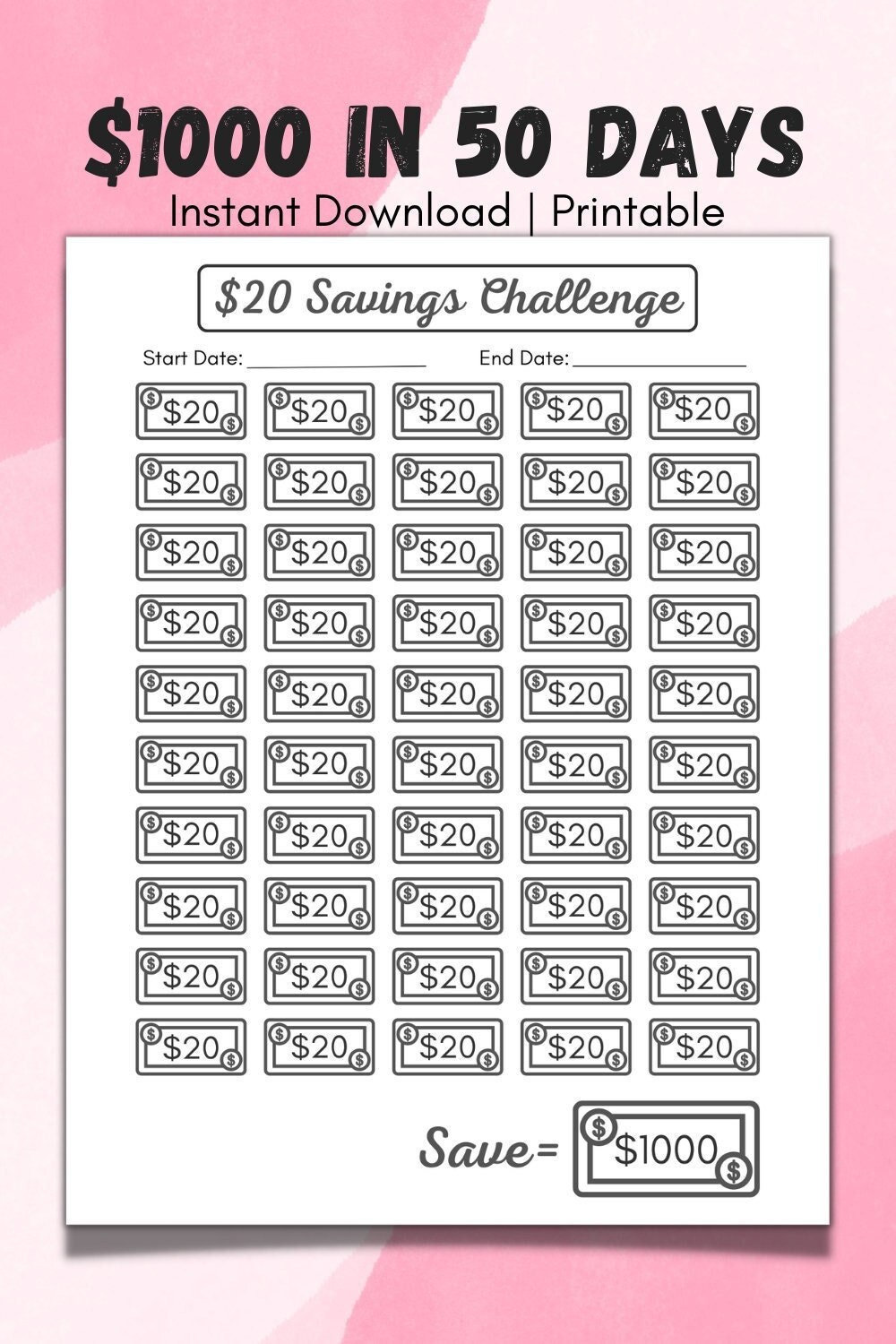 20 Dollar Savings Challenge Printable, Mini Savings Tracker, 50 Day ...