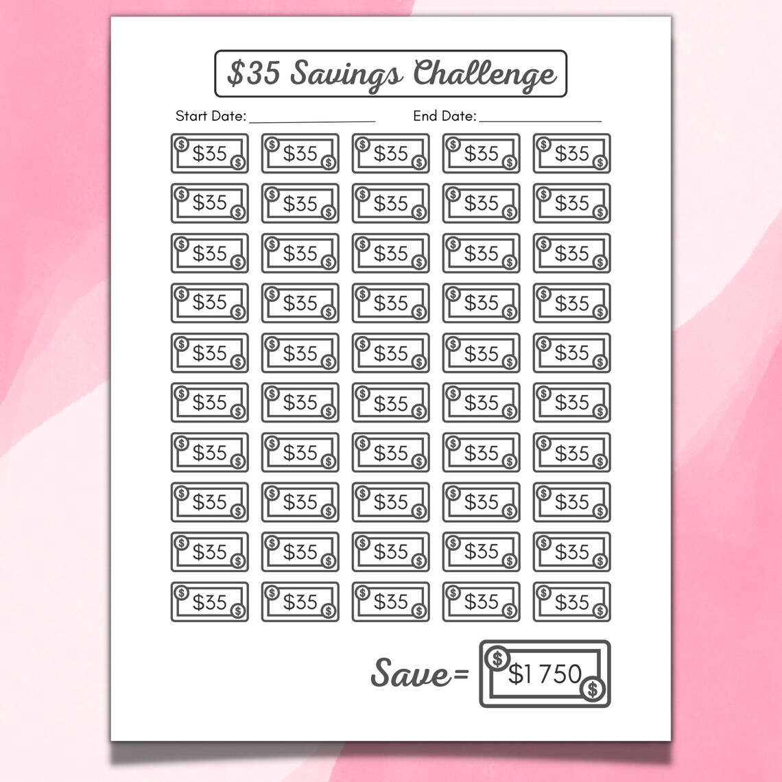 Savings Challenge Printable 35 Dollars, Mini Savings Tracker, 50 Day ...