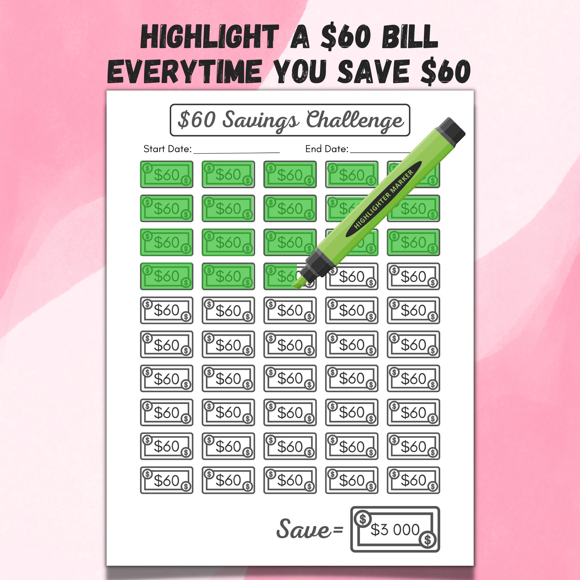 60 Dollar Savings Challenge Printable, Mini Savings Tracker, 50 Day ...