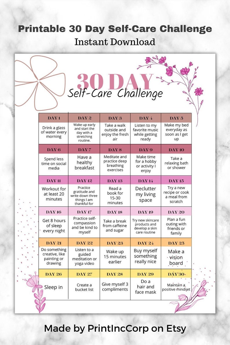 30 Day Self-care Challenge, 1 Page Glow up Challenge Printable, Self ...