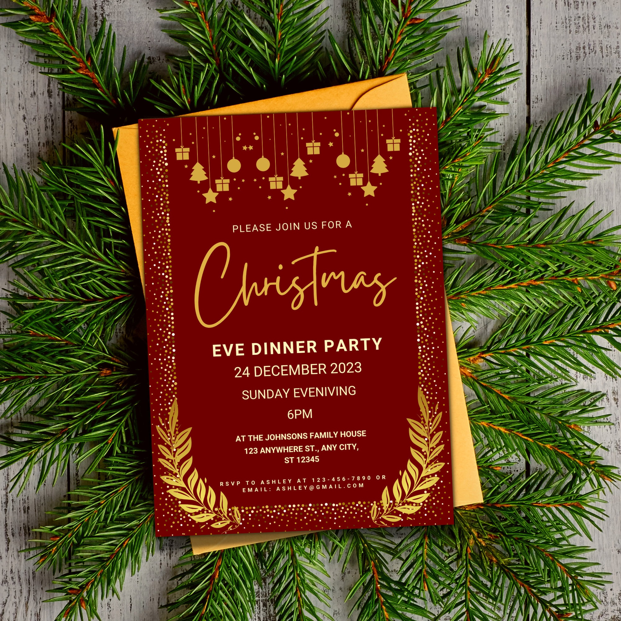 Christmas Eve Dinner Party Invitation Canva Template, Printable ...