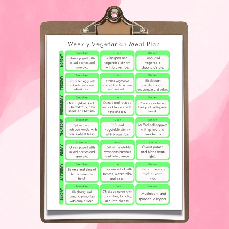 Weekly Vegetarian Meal Plan & Grocery List Printable, Shopping List ...