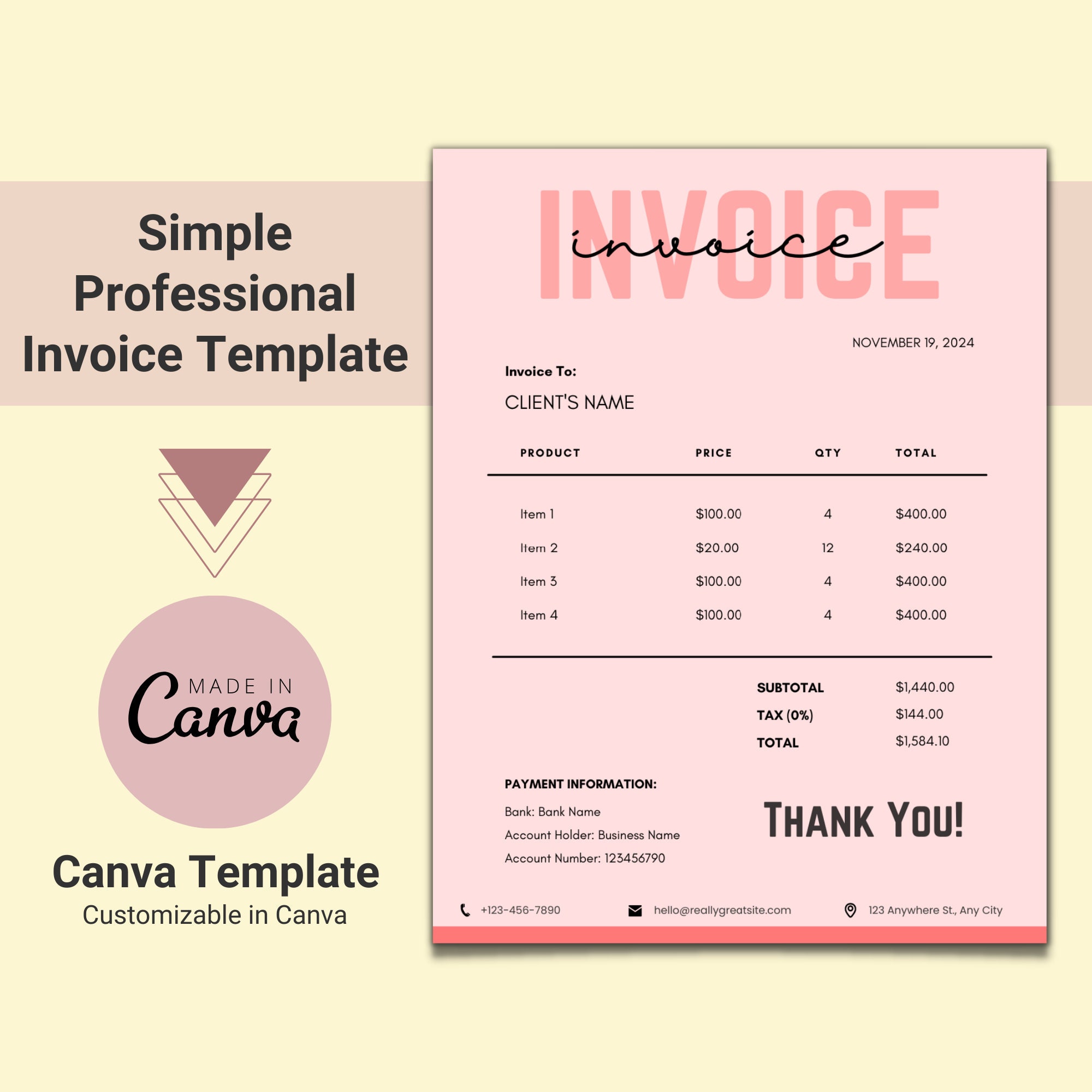 Simple Professional Invoice Template, Printable Small Business Invoice ...