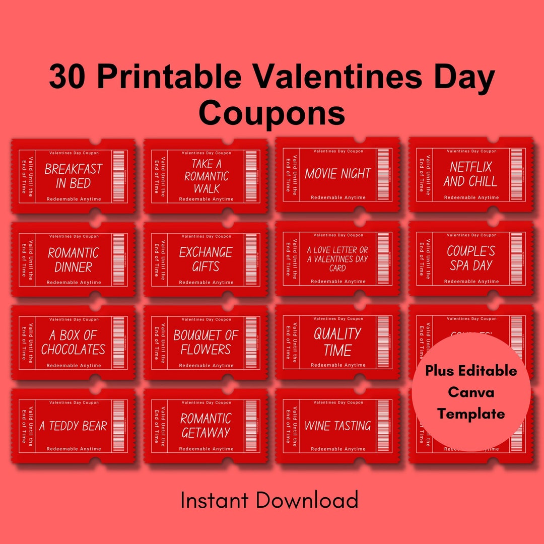 30 Printable Valentines Day Coupons, Couple Love Coupons, Valentines ...