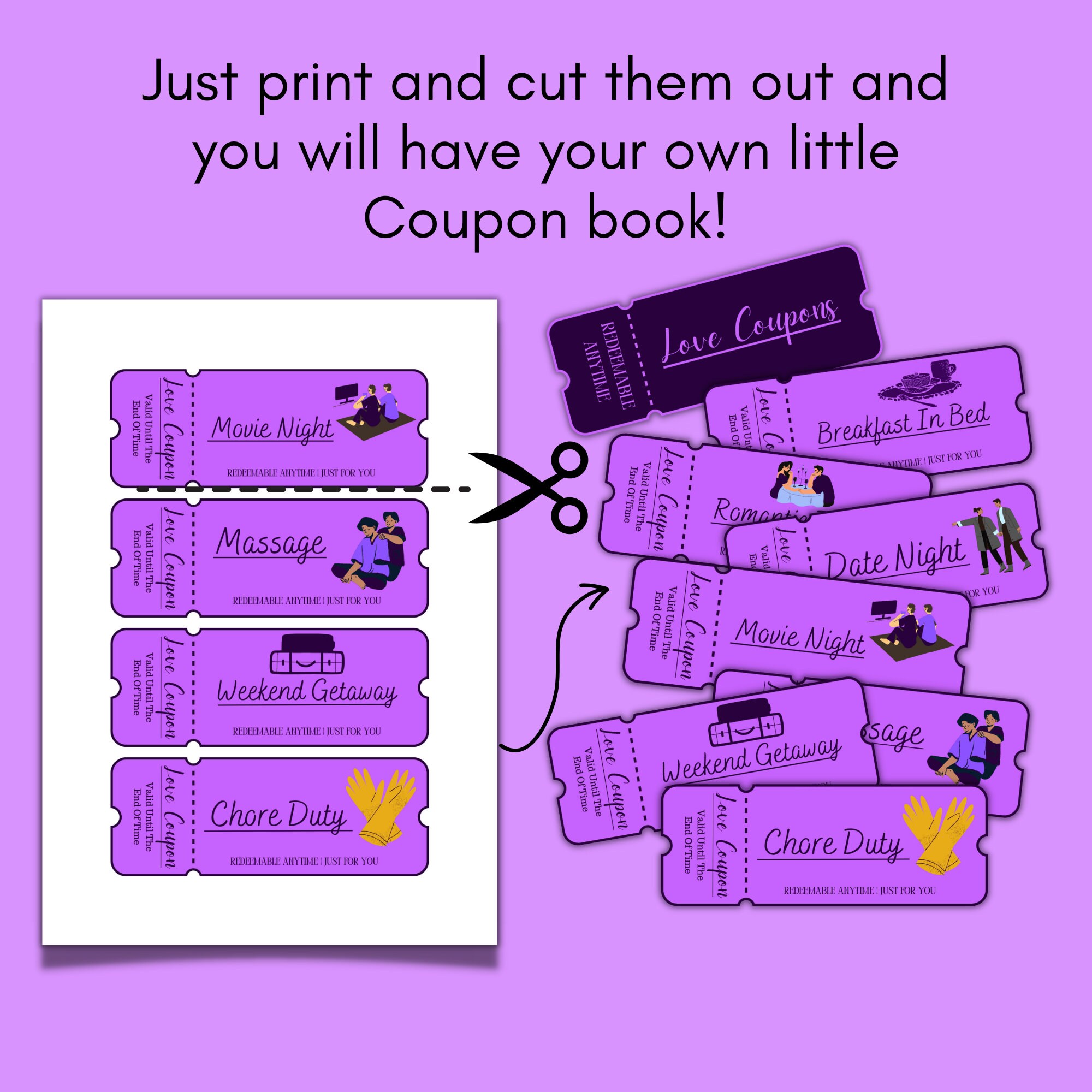 100 Printable Love Coupons for Him and Her, Couple Coupons, Valentines ...