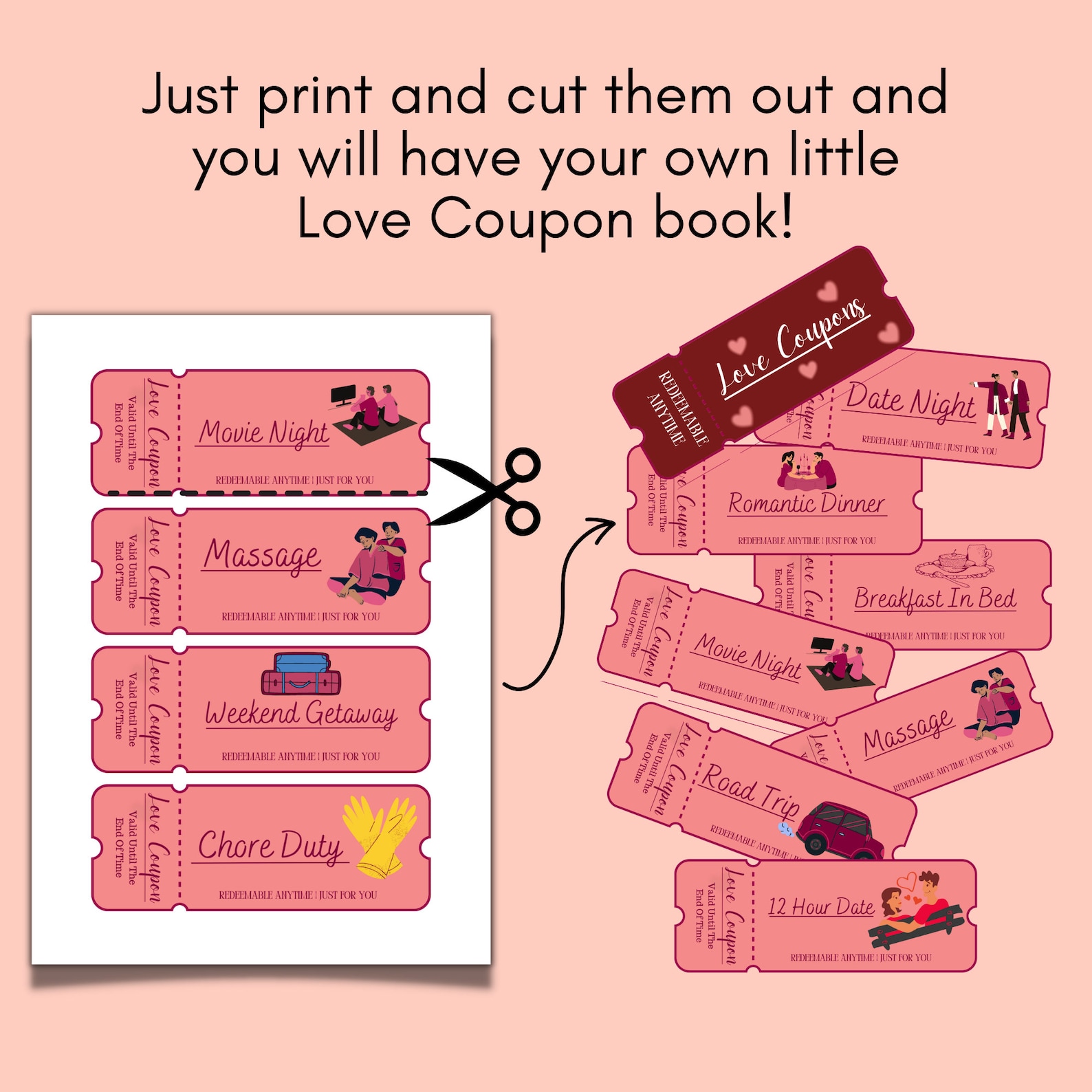 100 Printable Love Coupons for Him and Her, Couple Coupons, Valentines ...
