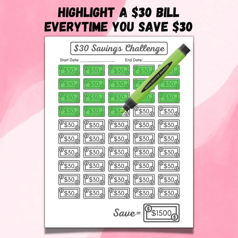 30 Dollar Savings Challenge Printable, Mini Savings Tracker, 50 Day ...