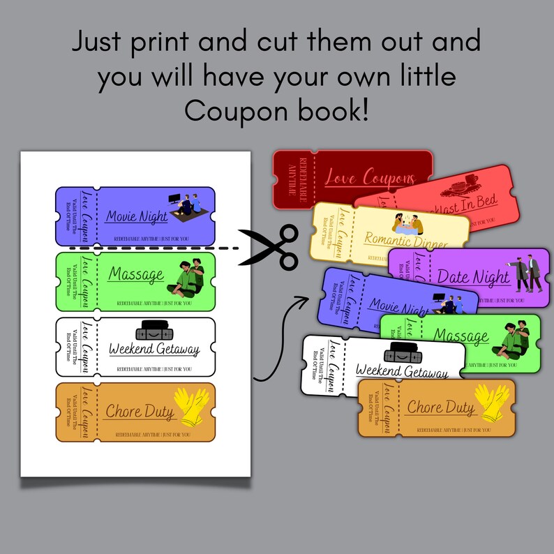 100 Printable Love Coupons for Him and Her, Couple Coupons, Valentines ...