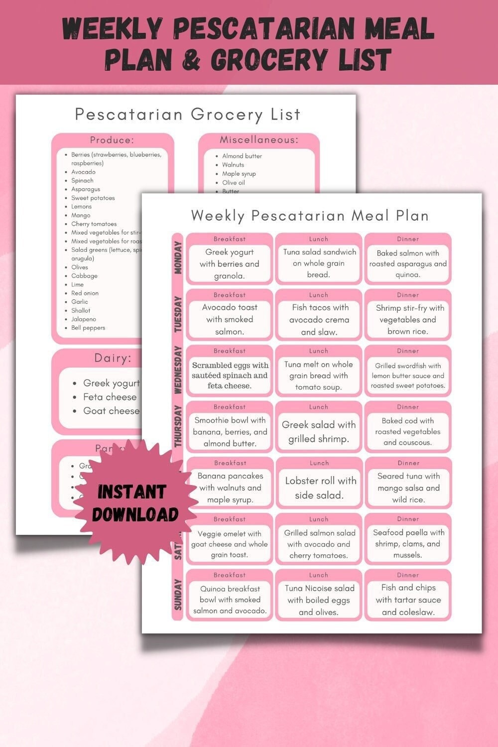 Weekly Pescatarian Meal Plan Grocery List Printable Shopping List Breakfast Lunch and Dinner Meal Planner Pescatarian Diet Food List Etsy