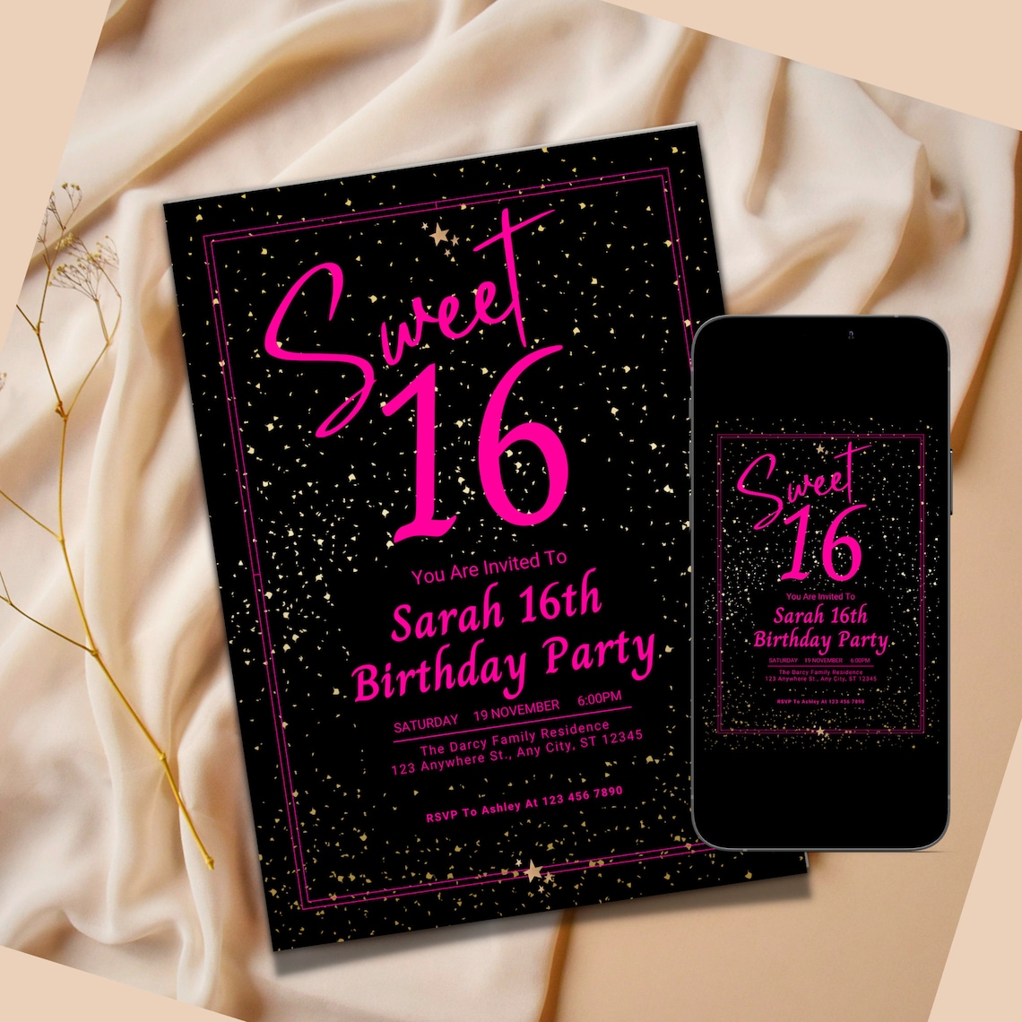 Editable Sweet 16 Birthday Party Invitation Canva Template, Digital ...
