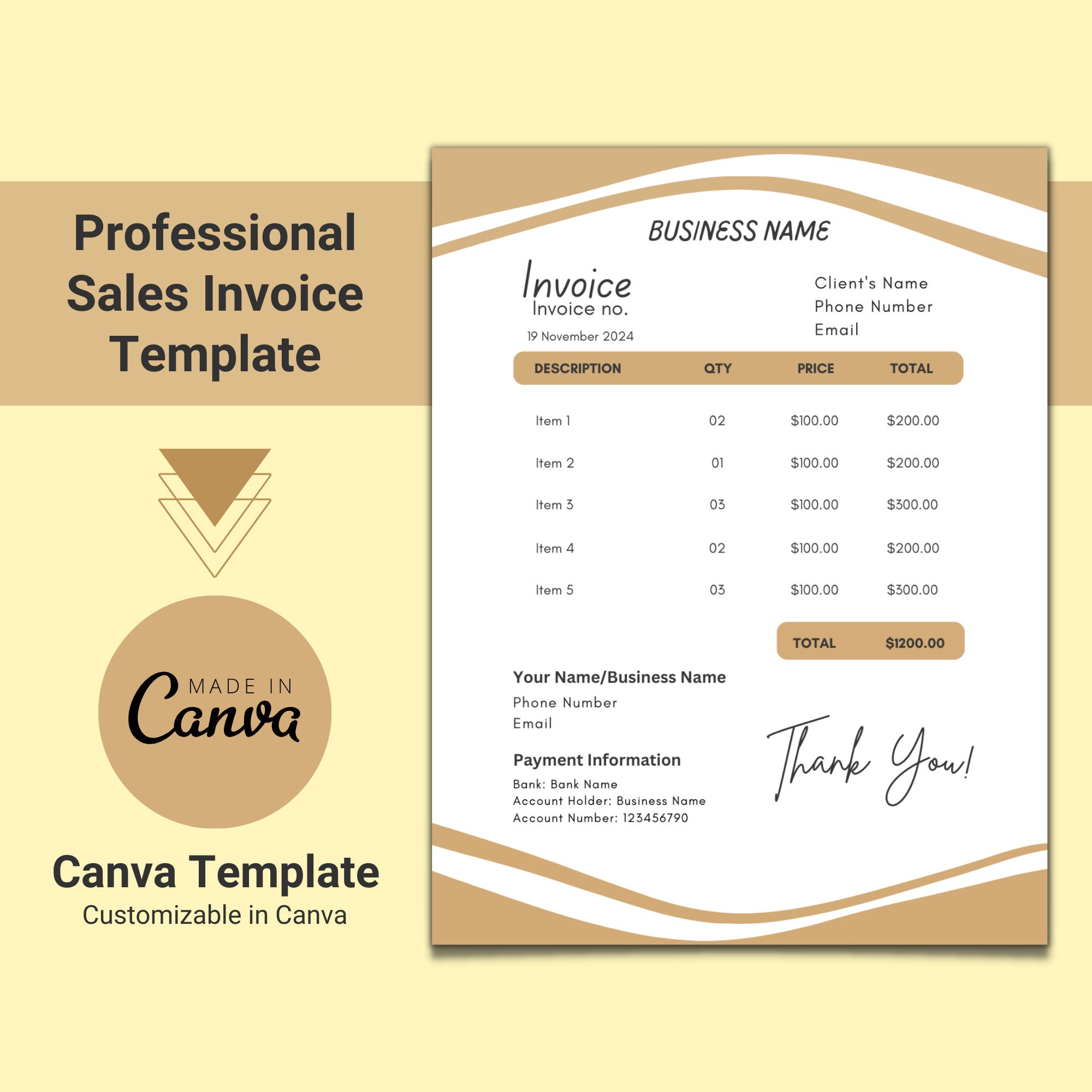 Professional Sales Invoice Template, Printable Small Business Invoice ...