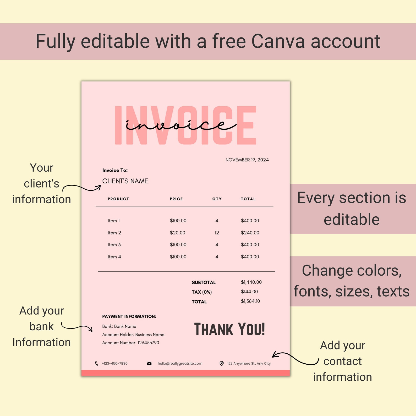 Simple Professional Invoice Template, Printable Small Business Invoice ...